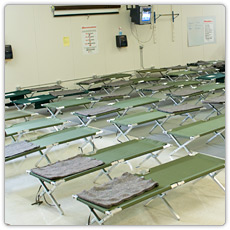 Red Cross shelter with empty cots in North Dakota