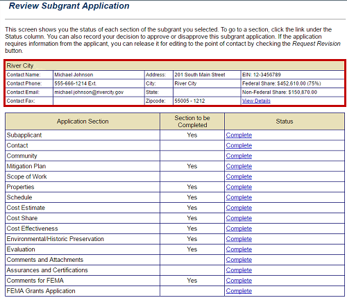 When checked out, the subgrant application contact information ...