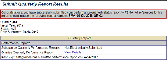 A submission congratulations message (emphasized). Status of the ...