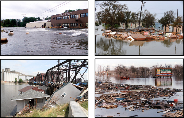 A set of four photos Photo 1: (Top left) floodwaters rushing down a ...