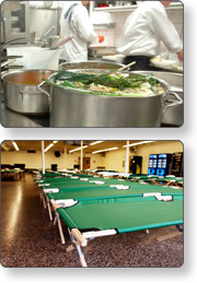 Pots full of food in a kitchen and Cots lined up in a large room