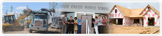 Image of a construction site, school, and new construction