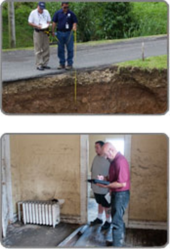 Images of measuring a sink hole and an inspector inside a building