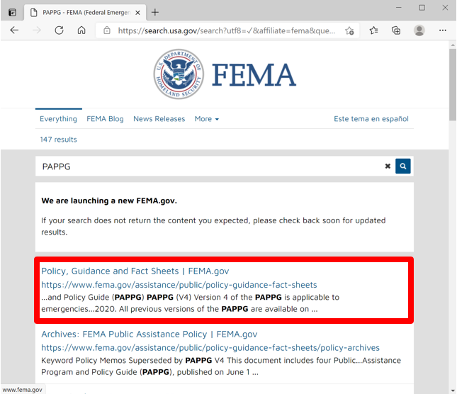 fema.gov search results page with red box around "Policy, Guidance and ...