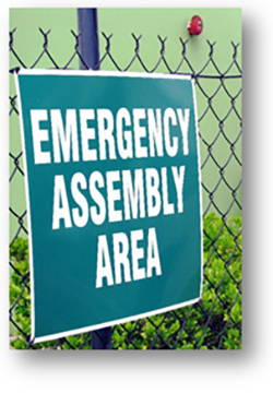 Sign that reads, 'Emergency Assembly Area'