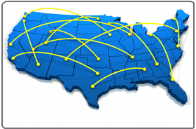 Outline of a map of the US with several interconnected nodes